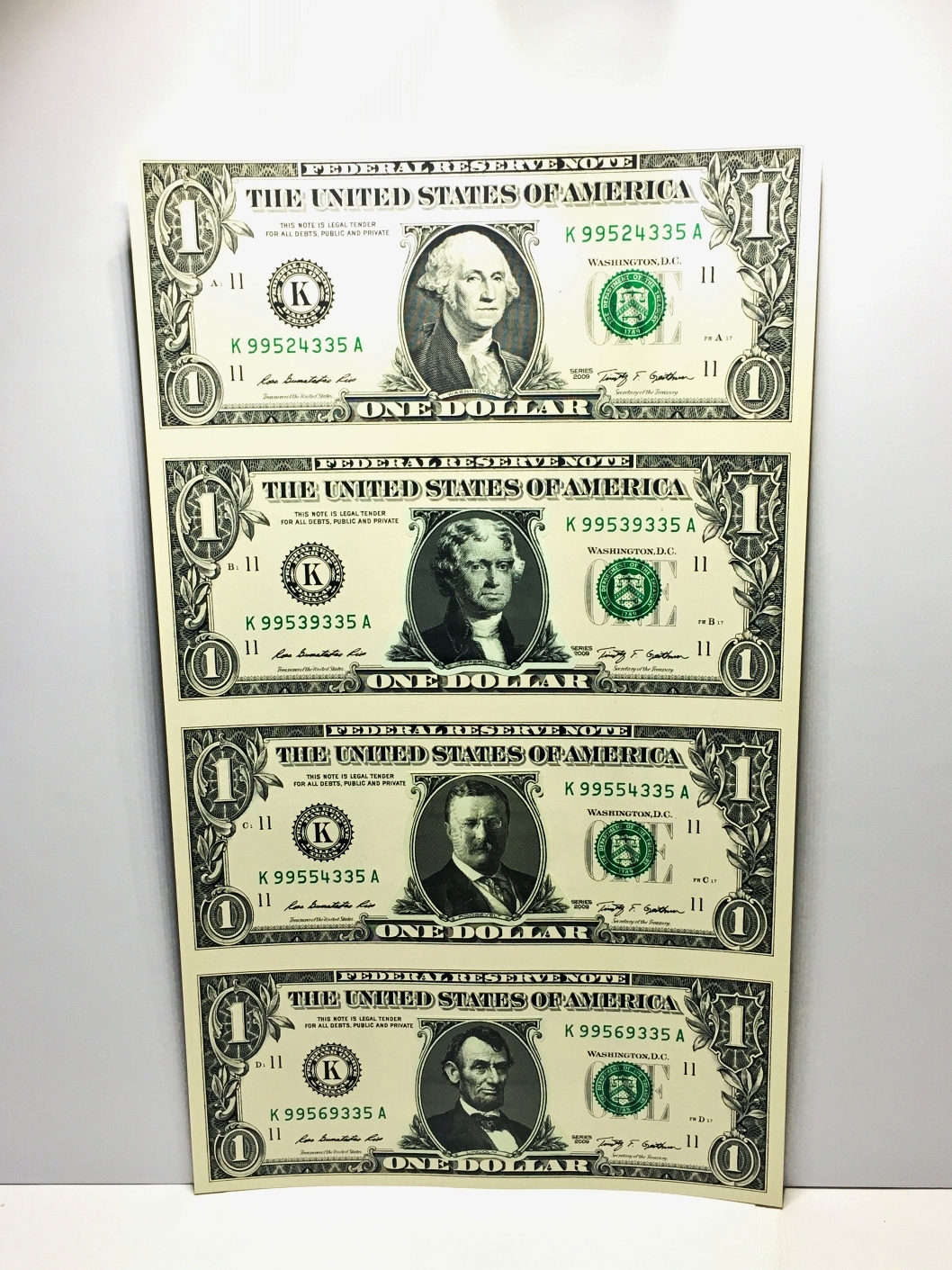 UNCUT SHEET of Four Series 2009 $1 Federal Reserve Notes; Dalles, TX ...