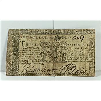 1774 $1 Maryland Colonial Note - Signed by Colonists John Clapham and ...