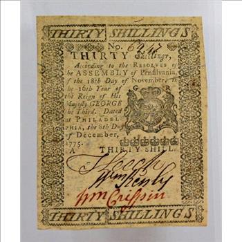 1775 30 Shillings Pennsylvania Colonial Note HIGH GRADE | Property Room