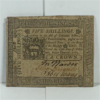 1775 Five Shillings Pennsylvania Colonial Note | Property Room