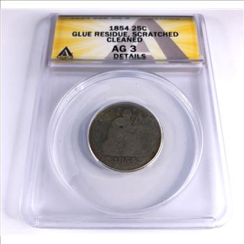 1854 with arrows Silver Seated Liberty Quarter*Graded AG3 Details; glue ...