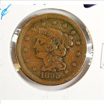 1855 (Upright 5's) Braided Hair Large Cent*LIBERTY Fully Visible | Property Room