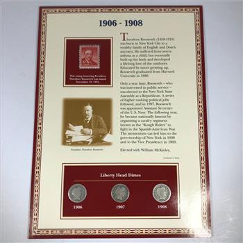 1906-1908 Silver Barber Dimes on Informative Display Board | Property Room