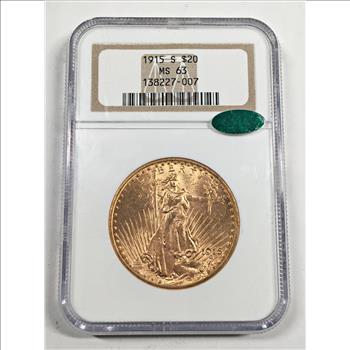 1915-S $20 Saint Gaudens Gold Double Eagle*Graded MS63 by NGC with Green CAC Sticker | Property Room