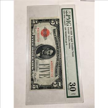 1928 $5 Legal Tender Red Seal STAR Note*Graded 30 Net Very Fine by PMG ...
