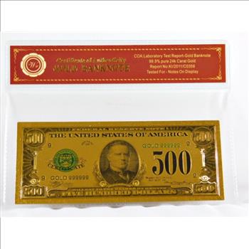1928 $500 24K Gold Banknote w/COA Laboratory Test Report - Modern Issue ...