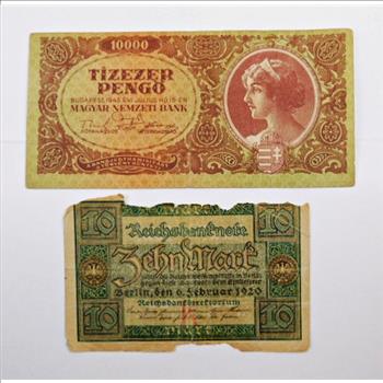 1945 Hungarian 10,000 Pengo Banknote and 1920 German 10 Mark Reich note ...