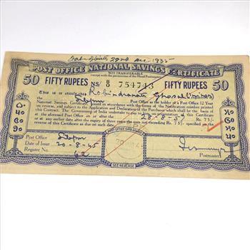1945 India 50 Rupees Post Office National Savings Certificate*Cashed in ...