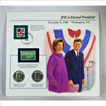 1968-D & 1969-D Kennedy Half Dollars and 2 Stamps on Commemorative ...