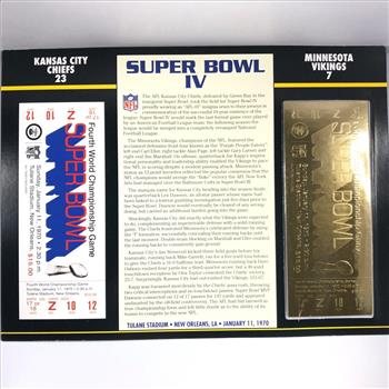 1970 Super Bowl IV Gold Foil Ticket Replica*Chiefs & Vikings*On 9" x 12" Story Board | Property Room