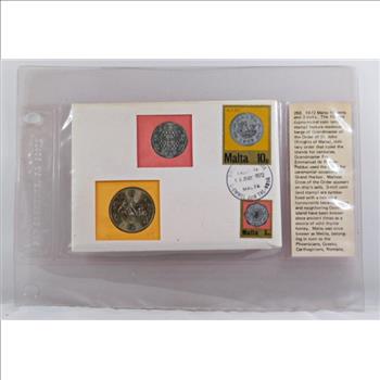 1972 Malta 10 Cents and 3 Mills Coins with 10 Cent and 3 Mills Stamps ...