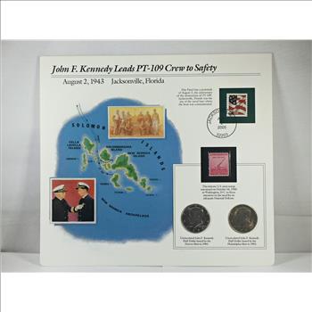 1983-D & P Kennedy Half Dollars & 2 Stamps*Encased in 9" x 10" Story Board Commemorating JFK/PT ...