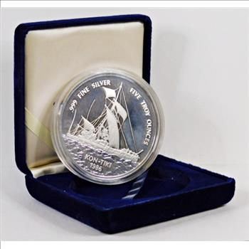 1986 Five Troy Ounce Proof Silver $25 Samoa Kon-Tiki Coin*In Velvet ...