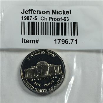 1987-S Proof Jefferson Nickel*Graded Ch Proof 63 by Littleton Coin Company*Sealed Packet ...