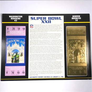 1988 Super Bowl XXII Gold Foil Ticket Replica*Redskins & Broncos*On 9" x 12" Story Board ...