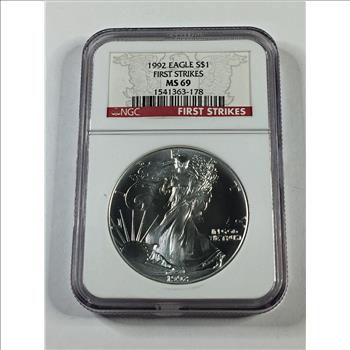1992 American Silver Eagle*First Strikes*Graded MS69 by NGC*1oz .999 Fine Silver | Property Room