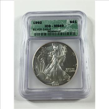 1992 American Silver Eagle*Graded MS69 by ICG*1oz .999 Fine Silver | Property Room