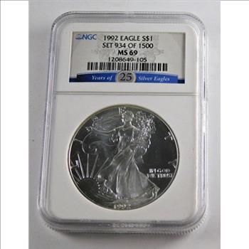 1992 American Silver Eagle*Graded MS69 by NGC*1oz .999 Fine Silver | Property Room