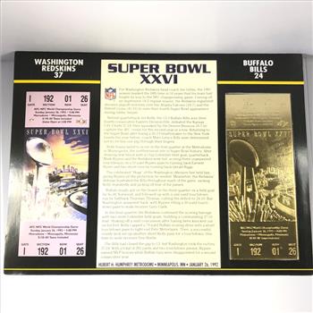 1992 Super Bowl XXVI Gold Foil Ticket Replica*Redskins & Bills*On 9" x 12" Story Board ...
