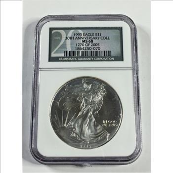 1993 American Silver Eagle*Graded MS68 by NGC*#1270 of 2005*20th Anniversary of Eagles ...