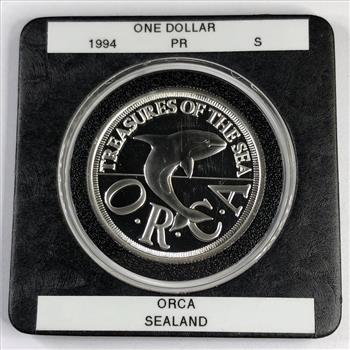 1994 Sealand Silver Proof Dollar Coin in Protective Holder Orca ...