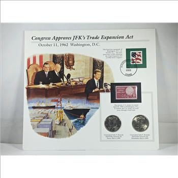 1999-D & P Kennedy Half Dollars & 2 Stamps*Encased in 9" x 10" Story ...
