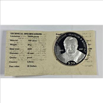 2000 Liberia Proof Silver $20 Franklin Roosevelt Commemorative*20 Grams ...