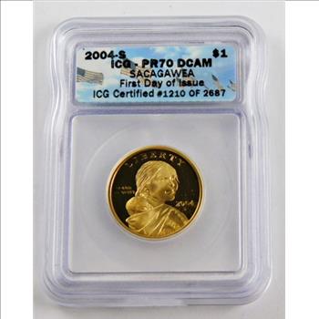 2004-S Proof Sacagawea Commemorative Dollar*First Day of Issue*Graded PR70 DCAM by ICG ...