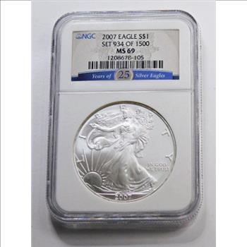 2007 American Silver Eagle*Graded MS69 by NGC*25 Years of Silver Eagles ...