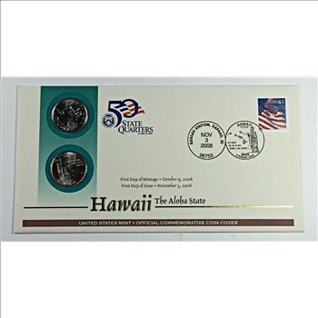 2008-P & D Hawaii State Commemorative Quarters with Stamp on First Day ...