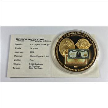 2009 24K Gold Layered 1907 $1000 Hamilton Gold Certificate ...