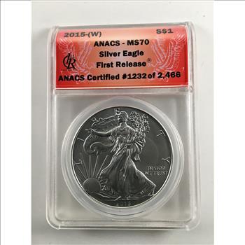 2015-(W) American Silver Eagle*First Releases*Graded MS70 by ANACS*Struck at West Point*1oz .999 ...