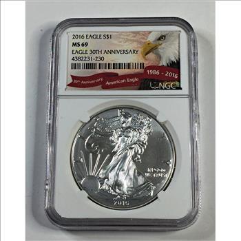 2016 American Silver Eagle*Graded MS69 by NGC*Eagle 30th Anniversary*1oz .999 Fine Silver ...