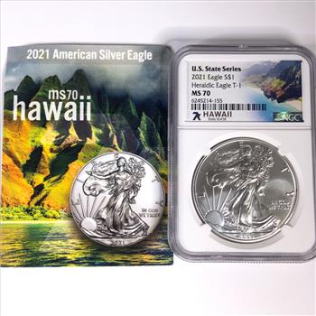 2021 American Silver Eagle Ty 1*Graded MS70 by NGC*1oz .999 Fine Silver*US State Series; Hawaii ...