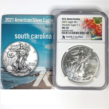 2021 American Silver Eagle Ty 1*Graded MS70 by NGC*1oz .999 Fine Silver*US State Series; South ...