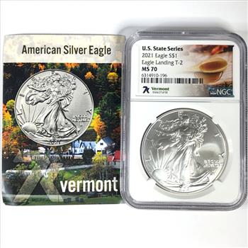 2021 American Silver Eagle Ty 2*Graded MS70 by NGC*1oz .999 Fine Silver*US State Series; Vermont ...