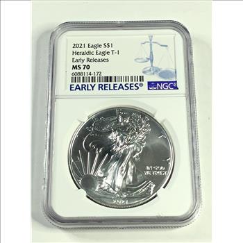 2021 American Silver Eagle Type 1*Early Releases*Graded MS70 by NGC*1oz .999 Fine Silver ...