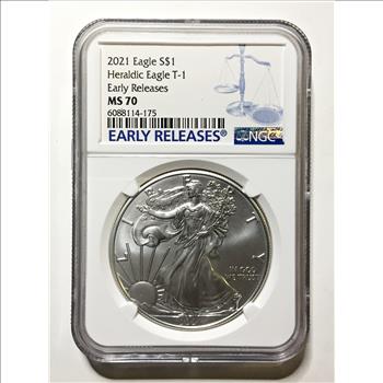 2021 American Silver Eagle*Heraldic Eagle Type 1*Early Releases*Graded MS70 by NGC*1oz .999 Fine ...