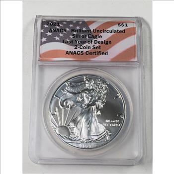 2021 Type 1 American Silver Eagle*1oz .999 Fine Silver*Graded Brilliant Uncirculated by ANACS ...