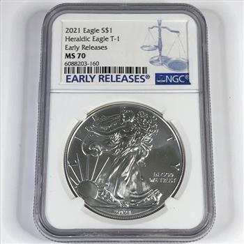2021 Type 1 American Silver Eagle*Early Releases*Graded MS70 by NGC*1oz .999 Fine Silver ...