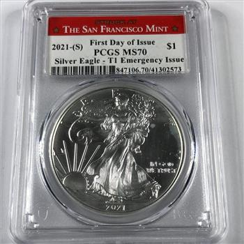2021-(S) American Silver Eagle*First Day of Issue*Type 1 Emergency Issue*Graded MS70 by PCGS*1oz ...
