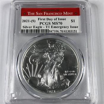2021-(S) American Silver Eagle*First Day of Issue*Type 1 Emergency Issue*Graded MS70 by PCGS*1oz ...