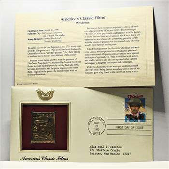 22K Gold Replica Stamp on FDC*1990 America's Classic Films; Westerns ...
