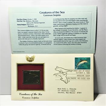22K Gold Replica Stamp on FDC*1990 Creatures of the Sea; Common Dolphin ...