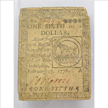 RARE 1776 Continental Currency One Sixth Dollar Fugio Note | Property Room