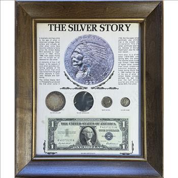 "The Silver Story" Framed Set w/Morgan Silver Dollar, Silver Granuels, Silver War Nickel, Silver ...