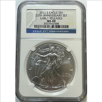 2011-S $1 American Silver Eagle 25th Anniversary NGC Graded EARLY RELEASES MS 69 | Property Room