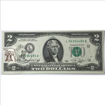 1976 $2 Bicentennial Federal Reserve Note w/Bicentennial Postmark and ...