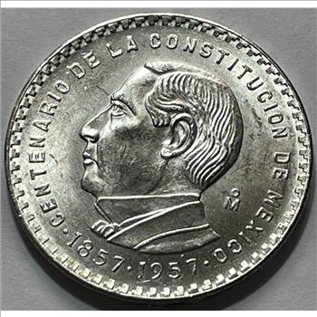 1957 Mexico Silver Peso - 100th Anniversary of Mexico's Constitution ...