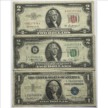 Lot of (3) Obsolete U.S. Currency Notes - 1953A $2 Red Seal, 1976 $2 ...
